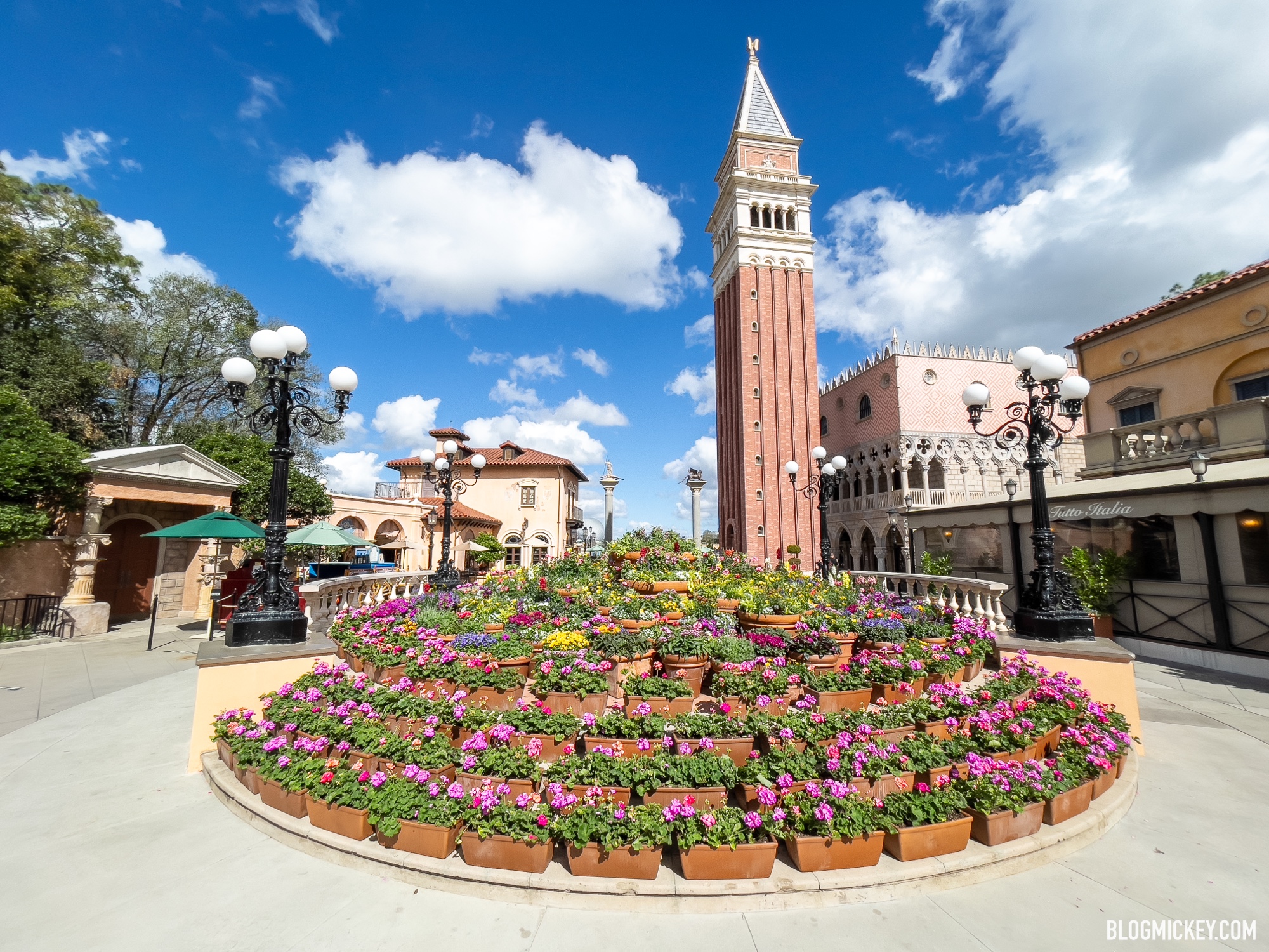 Flower Display Takes Over Former Performer Stage in Italy Pavilion at EPCOT