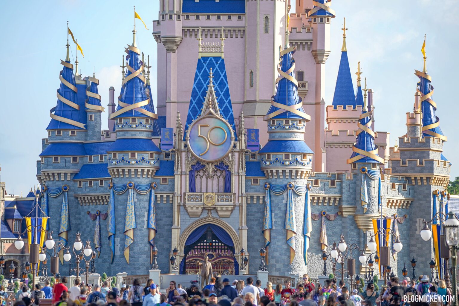 Detailed Look at Disney World 50th Anniversary Crest on Cinderella Castle