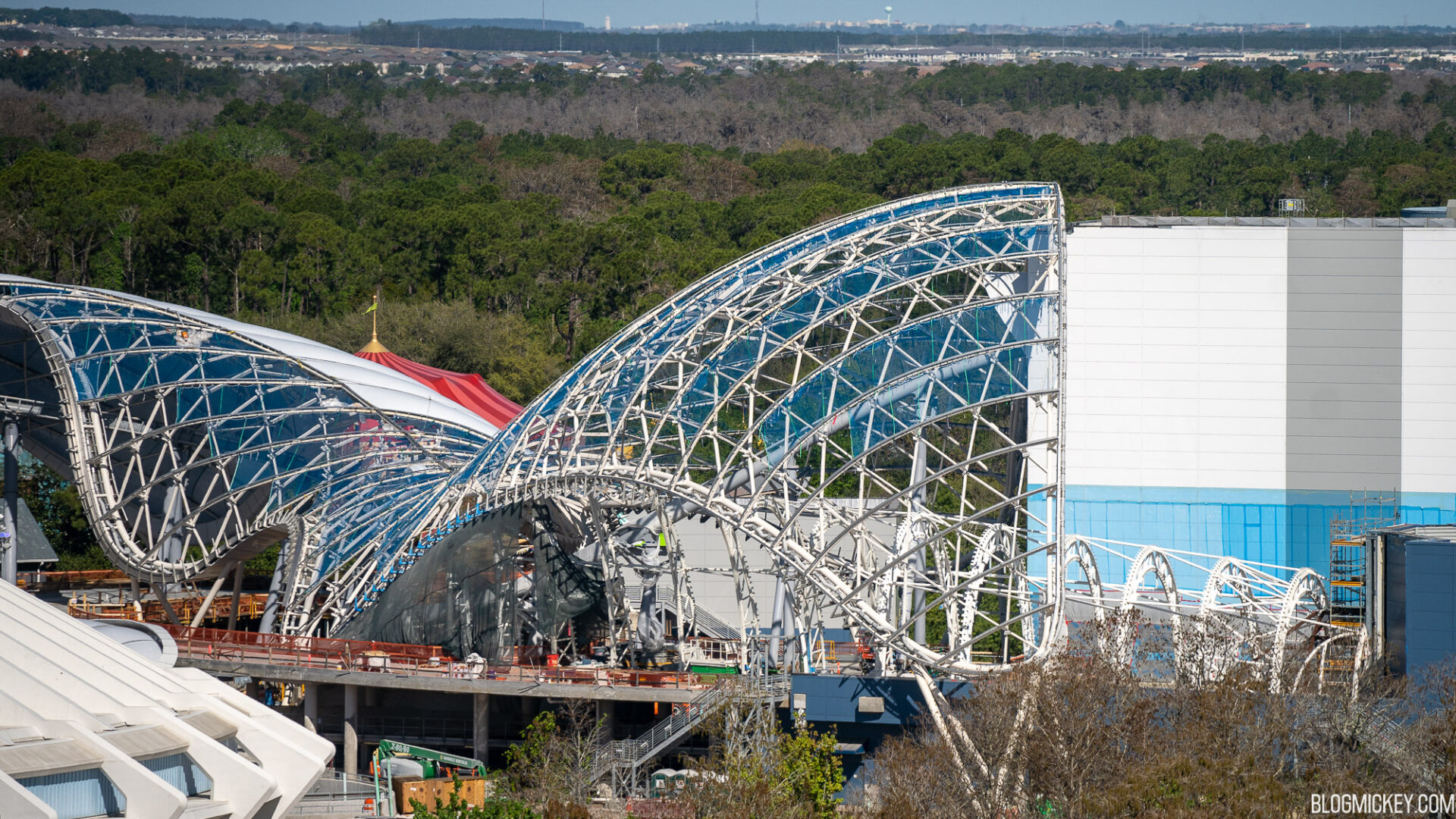 Updated Look at TRON Lightcycle Run Canopy Roof Installation in Magic ...